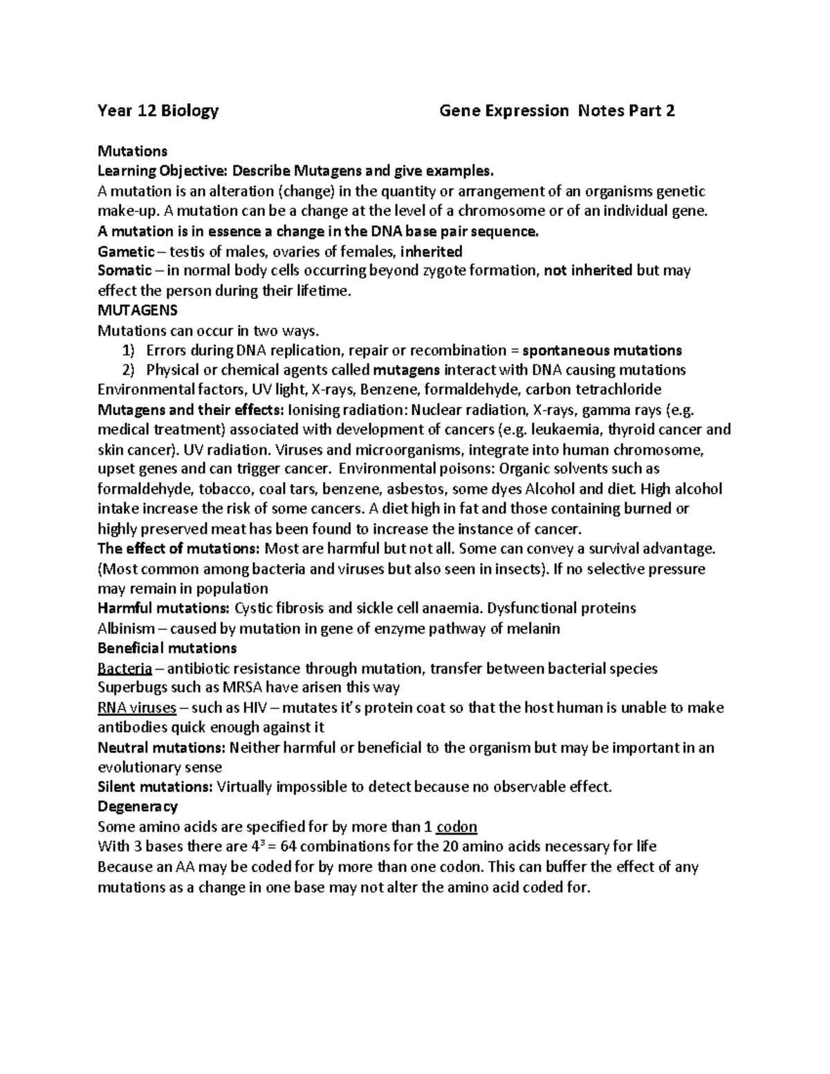 2.7 Student notes Part 2.docx - Year 12 Biology Gene Expression Notes ...