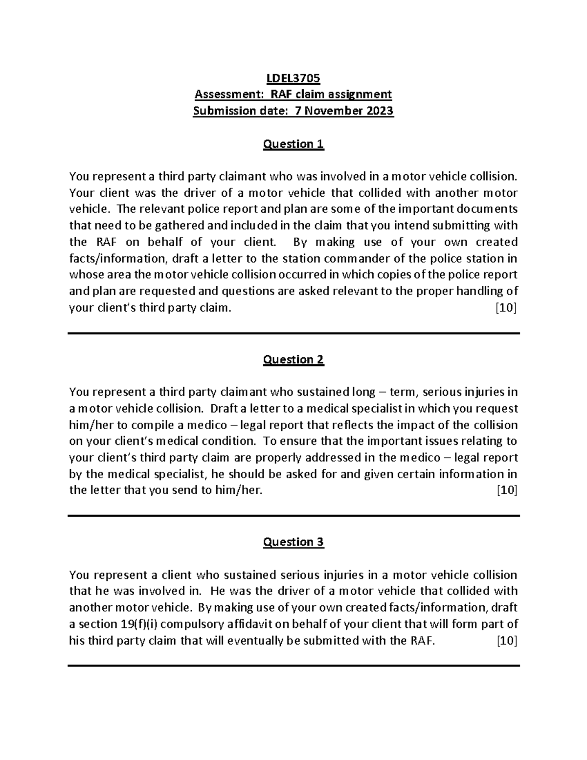RAF Claim - Assignment - 2023 - LDEL Assessment: RAF claim assignment ...