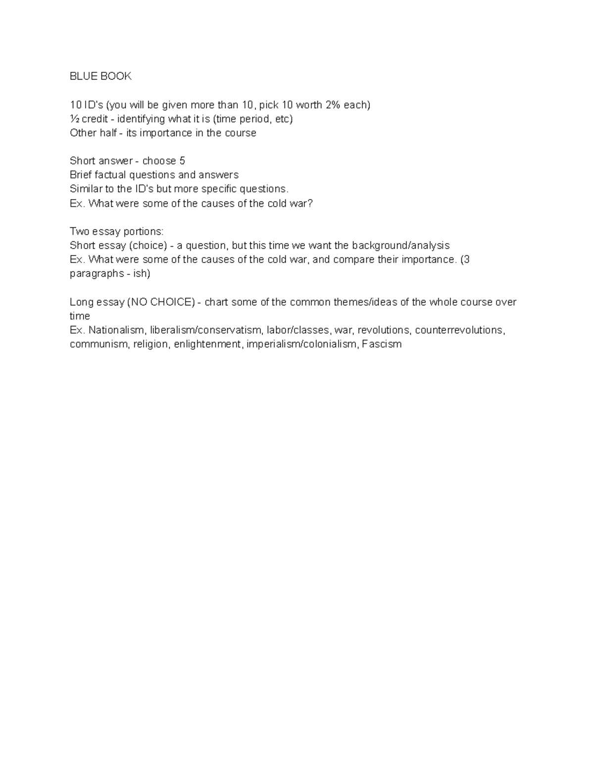 Info for final exam - Professor Jacoby - BLUE BOOK 10 ID’s (you will be ...