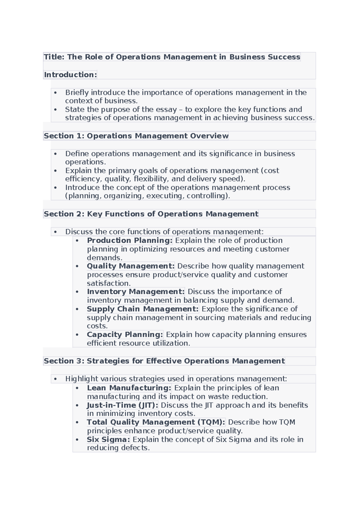 Business Operations - Title: The Role of Operations Management in ...