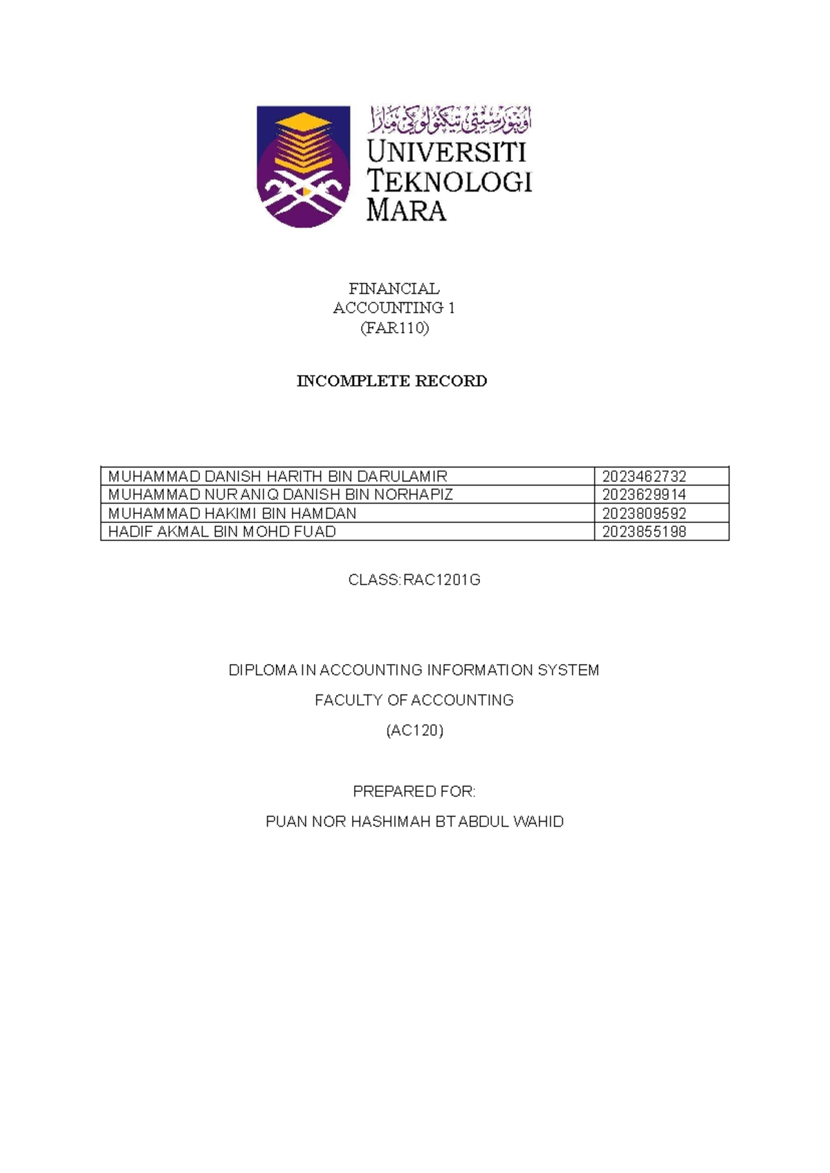 Incomplete Record - FINANCIAL ACCOUNTING 1 (FAR110) INCOMPLETE RECORD ...