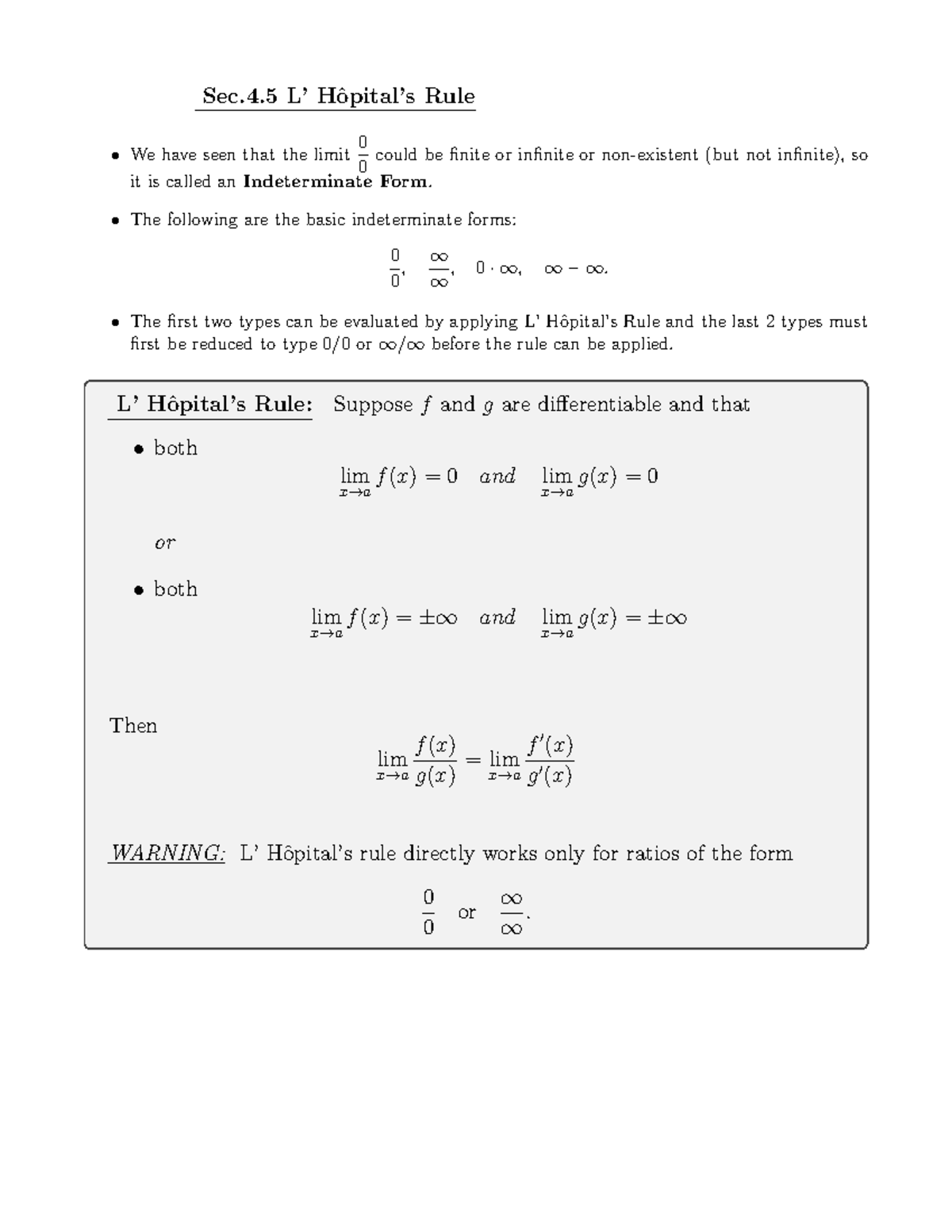 4.5LHopitalrule - Sec.4 L’ Hˆopital’s Rule • We have seen that the ...