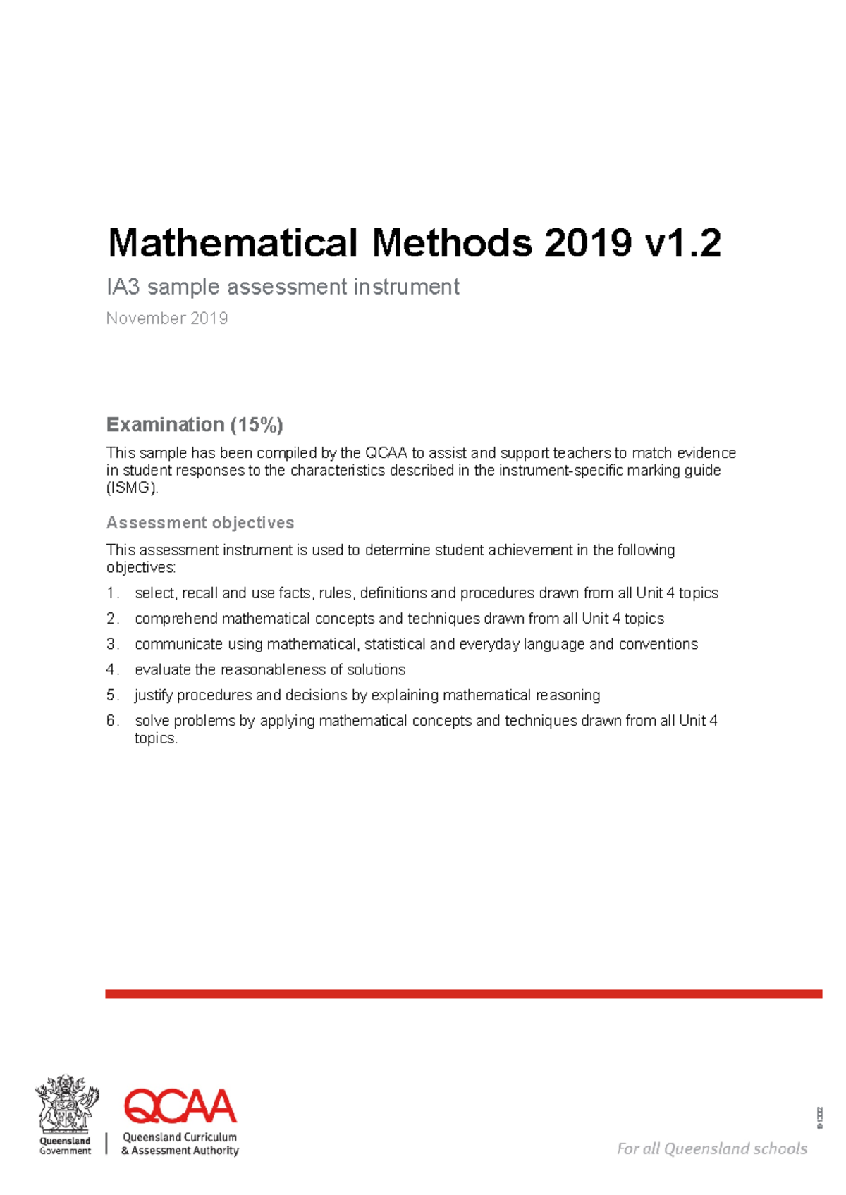 Unit 4 IA3 QCAA Sample Exam - 191332 Mathematical Methods 2019 v1. IA3 ...
