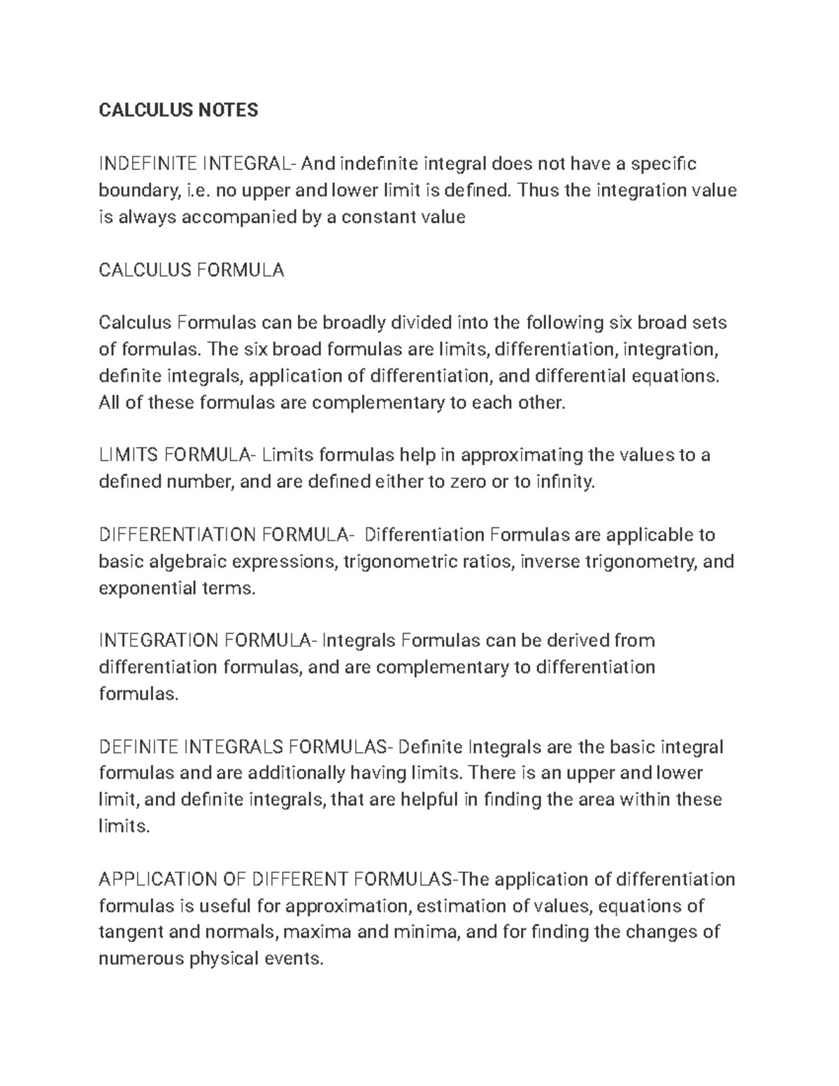 Calculus Notes Calculus Notes Indefinite Integral And Indefinite