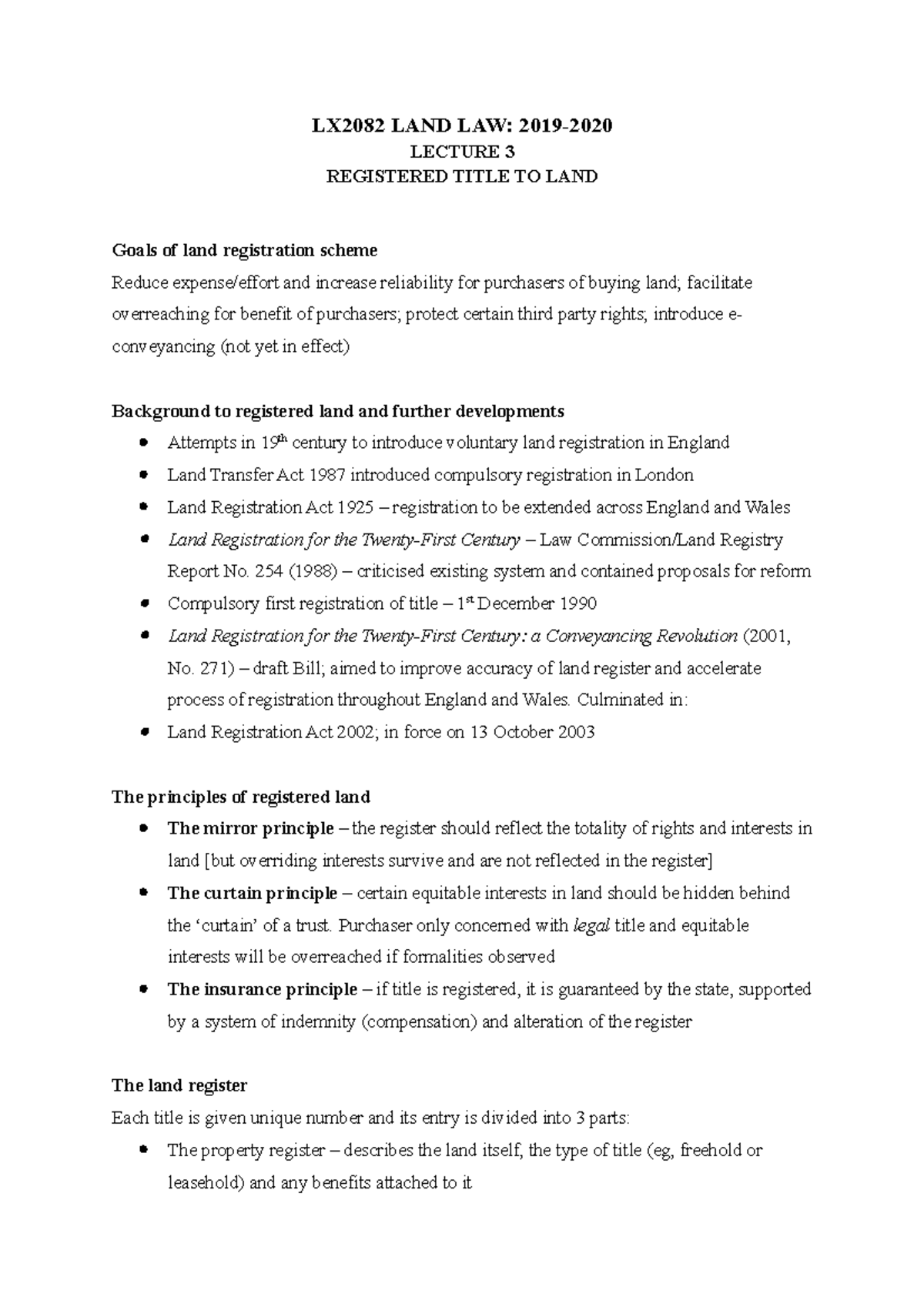 Registered Land notes - LX2082 LAND LAW: 2019- LECTURE 3 REGISTERED ...