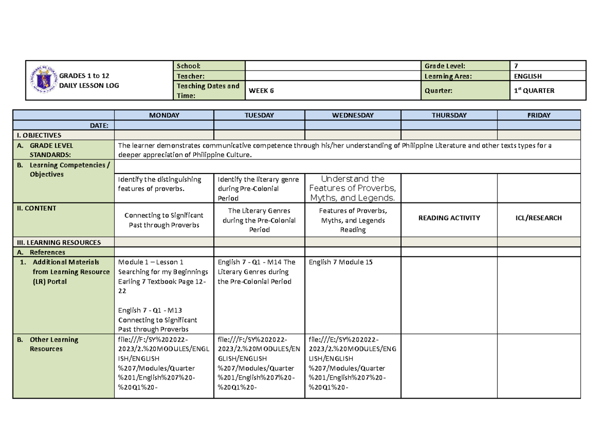 English 7 Q1 W6 (PRE Colonial Period) - GRADES 1 to 12 DAILY LESSON LOG ...