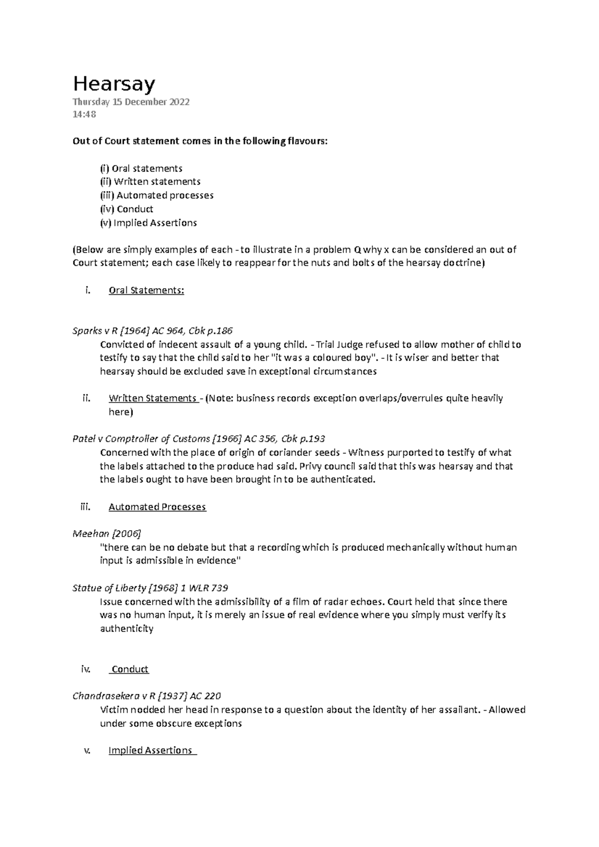 Hearsay - Hearsay Thursday 15 December 2022 14: Out of Court statement ...