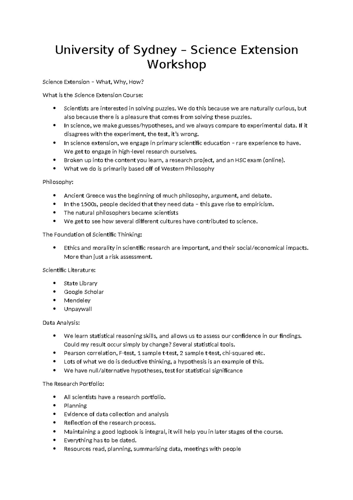 Science Extension USYD Workshop - University of Sydney – Science ...