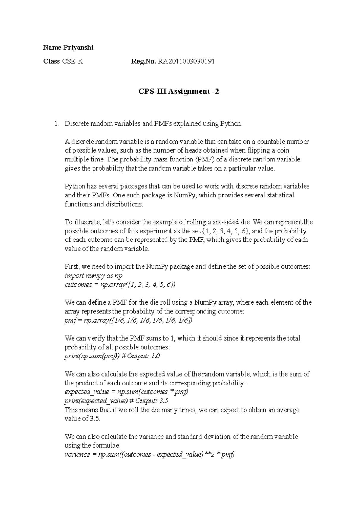 CPS-3 Assisgment 2 - asfggfngtgb - Name-Priyanshi Class-CSE-K Reg.-RA ...