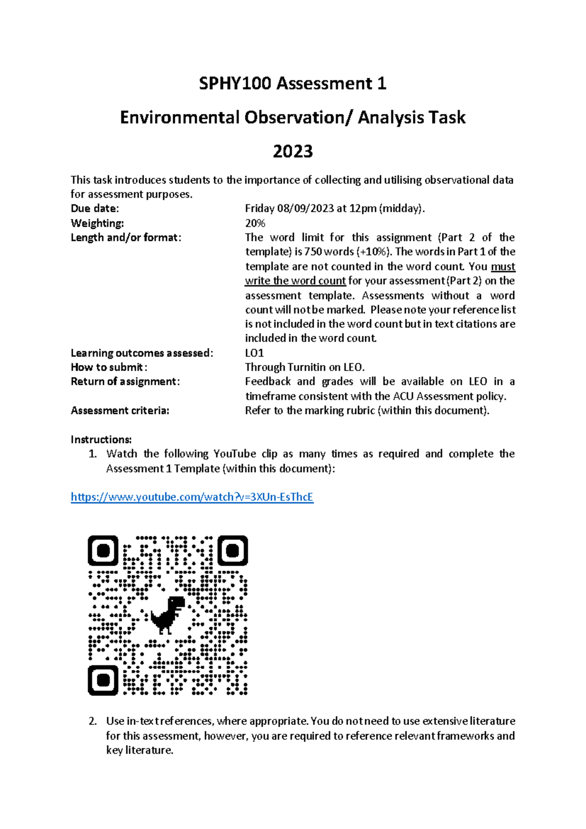 SPHY100 Assessment 1 Environmental Observation Detailed Instructions ...