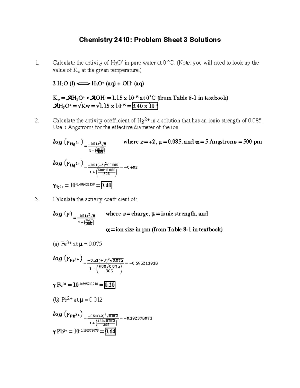 03a)Problem Sheet 3 KEY - Chemistry 2410: Problem Sheet 3 Solutions 1 ...