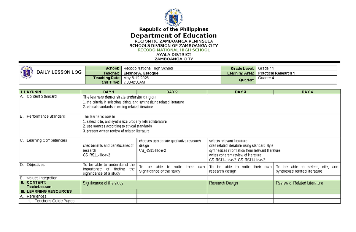 Daily Lesson Log - Republic of the Philippines Department of Education ...
