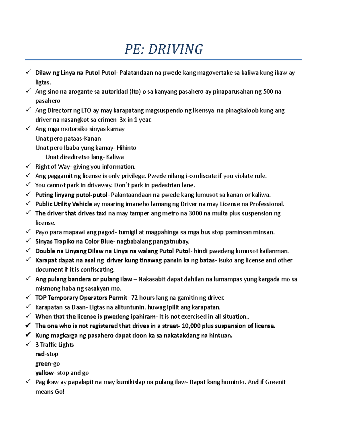 Lecture PE - PE: DRIVING Dilaw ng Linya na Putol Putol- Palatandaan na ...