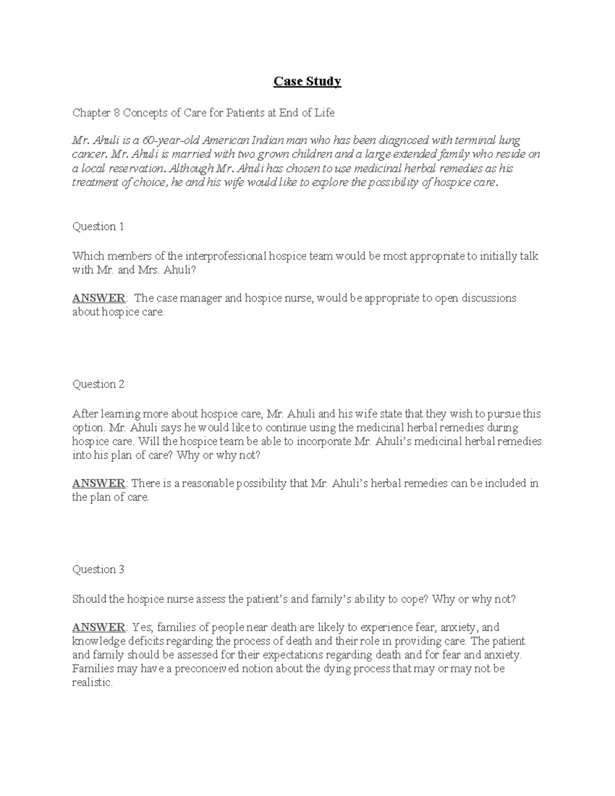 Case Study Chapter 8 Med Surg I - Case Study Chapter 8 Concepts of Care for Patients at End of ...