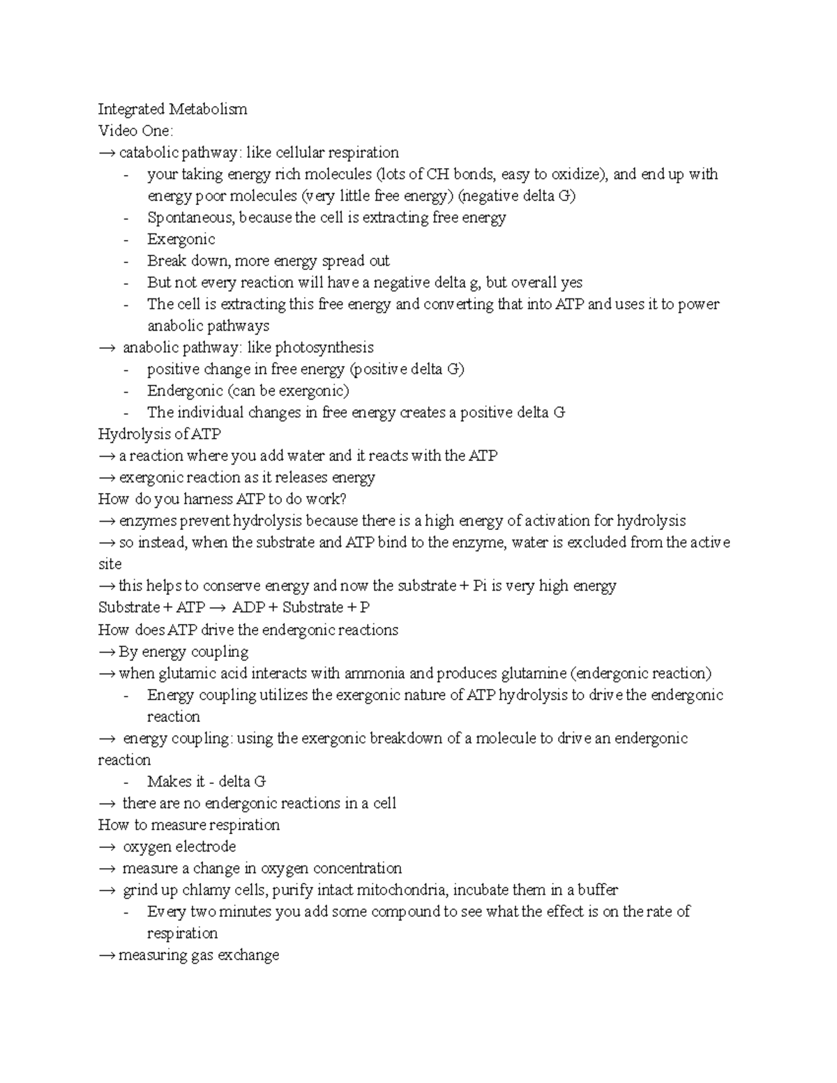 Bio 1002 Cycle 5 - Integrated Metabolism Video One: → catabolic pathway ...