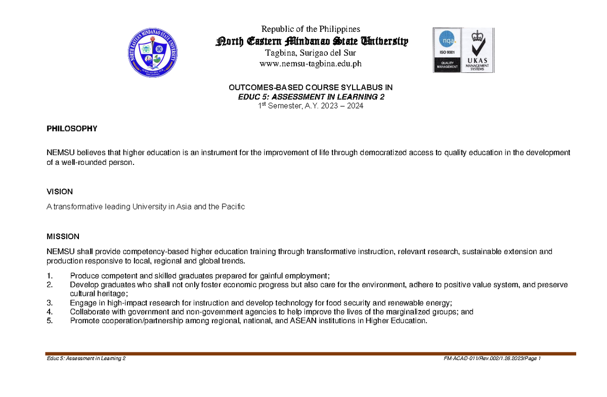 Educ 5 Syllabus - Republic of the Philippines North Eastern Mindanao ...