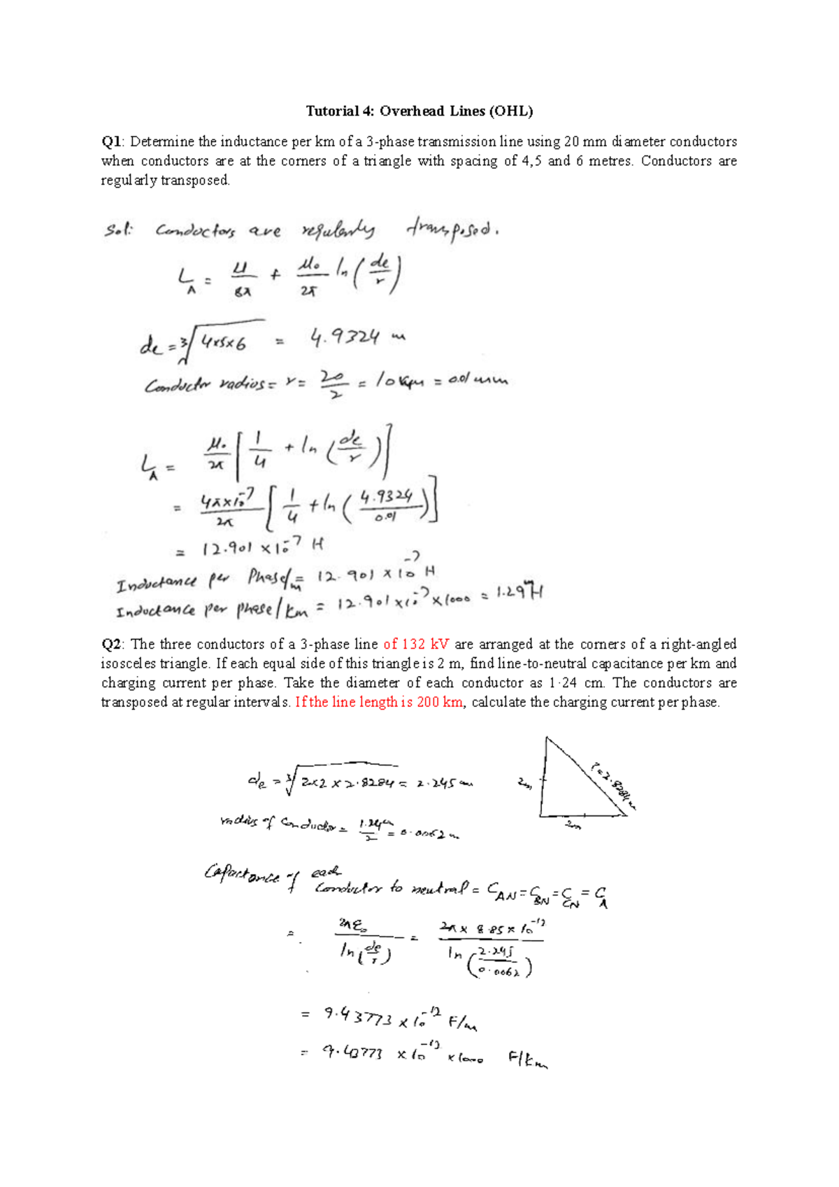 Tutorial 4 and Solution-revised - Tutorial 4: Overhead Lines (OHL) Q1 ...