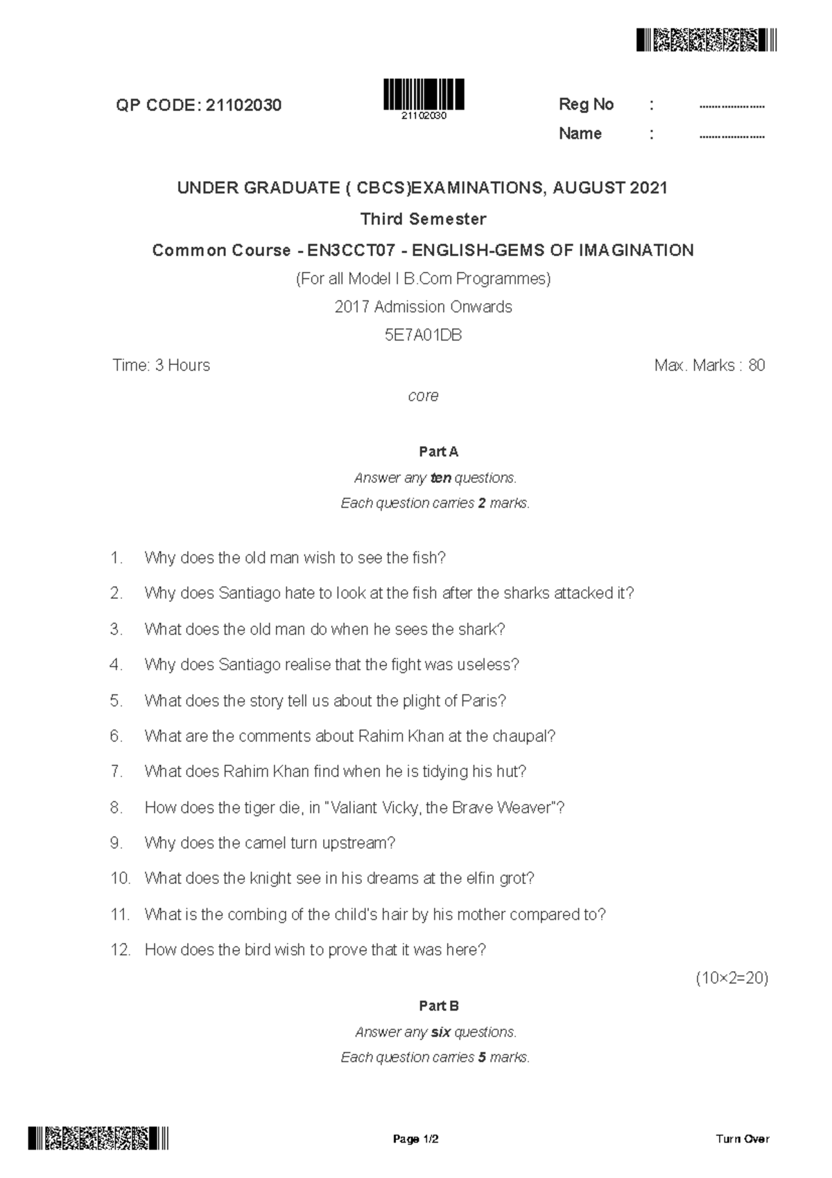 Eng21 - English question paper - QP CODE: 21102030 Reg No : ..................... Name : - Studocu