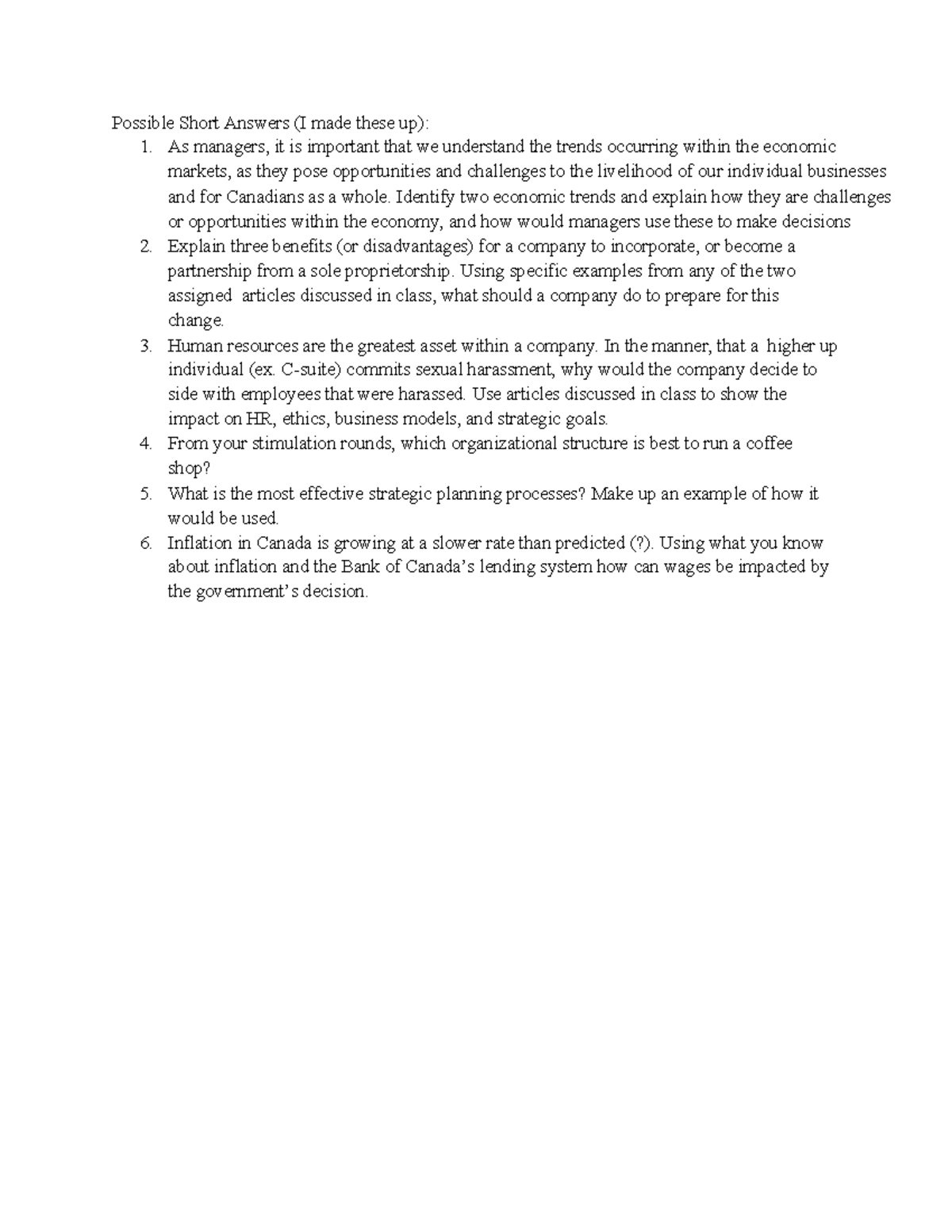 Possible Short Answers Exam - Possible Short Answers (I made these up ...