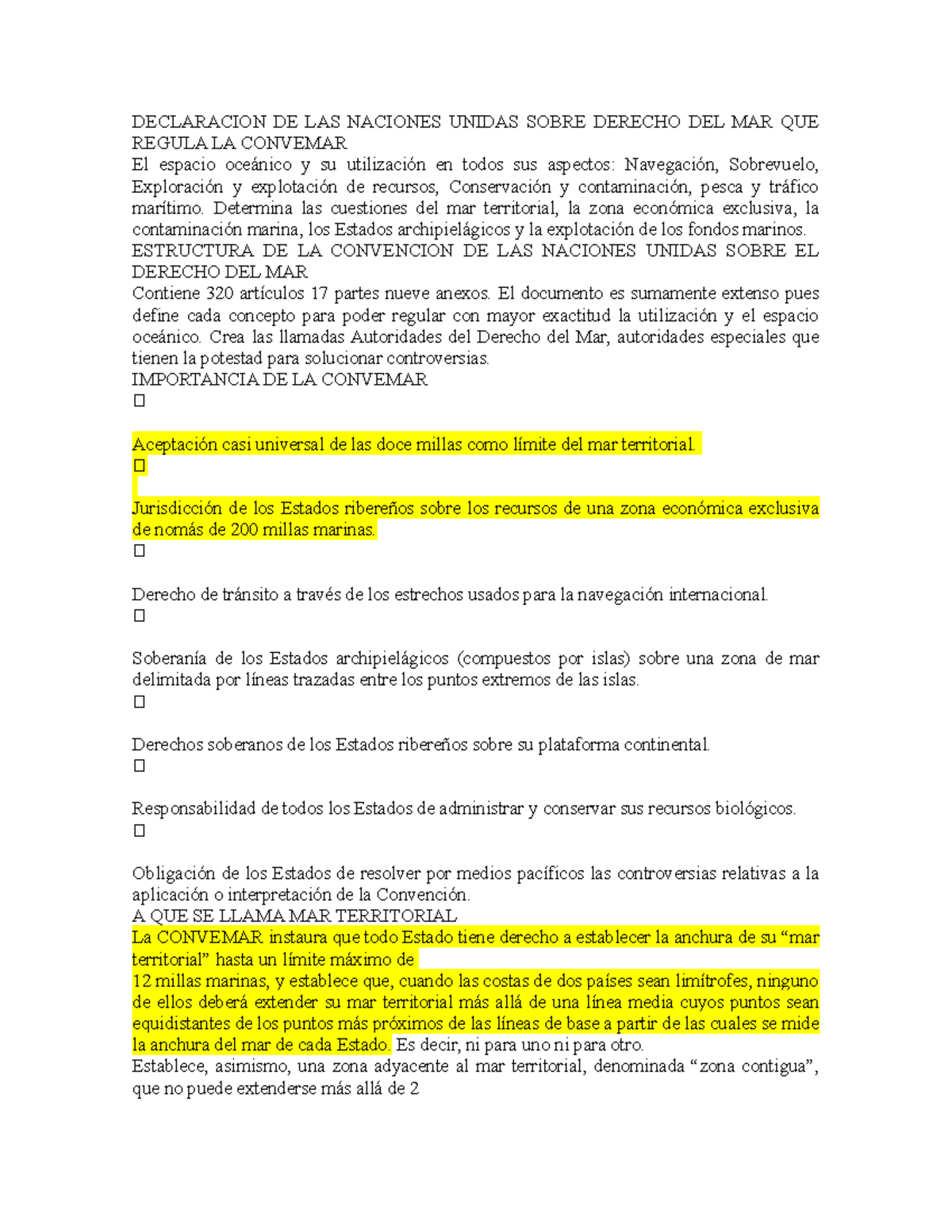 Resumen Convemar - DECLARACION DE LAS NACIONES UNIDAS SOBRE DERECHO DEL ...