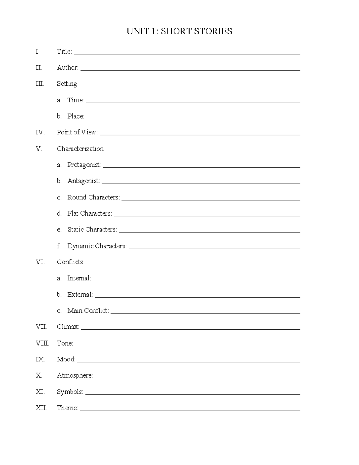 Elementsofthe Short Story Blank Outline-1 - Level 2 English - UNIT 1 ...