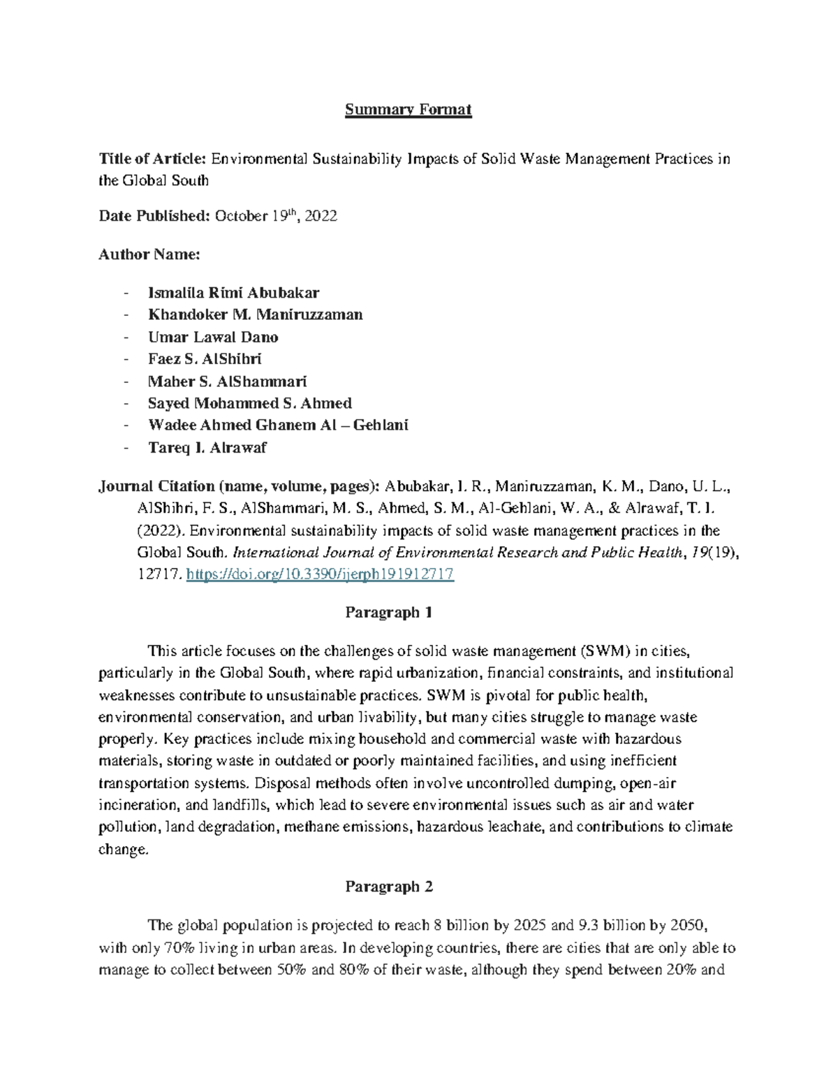 Environmental Article Review 1 - Summary Format Title of Article ...