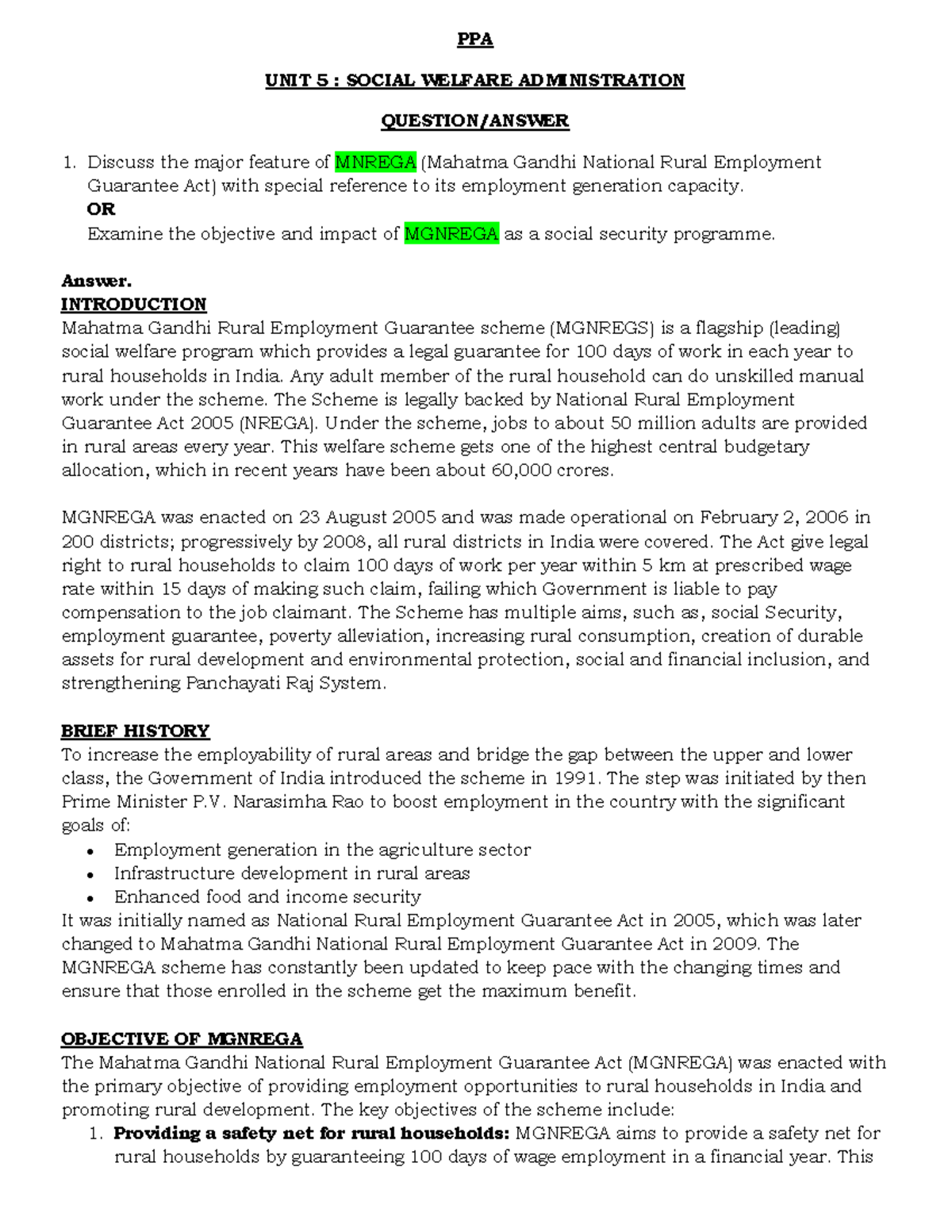 MGNREGA PPA UNIT 5 - PPA UNIT 5 : SOCIAL WELFARE ADMINISTRATION QUESTION/ANSWER 1. Discuss the ...