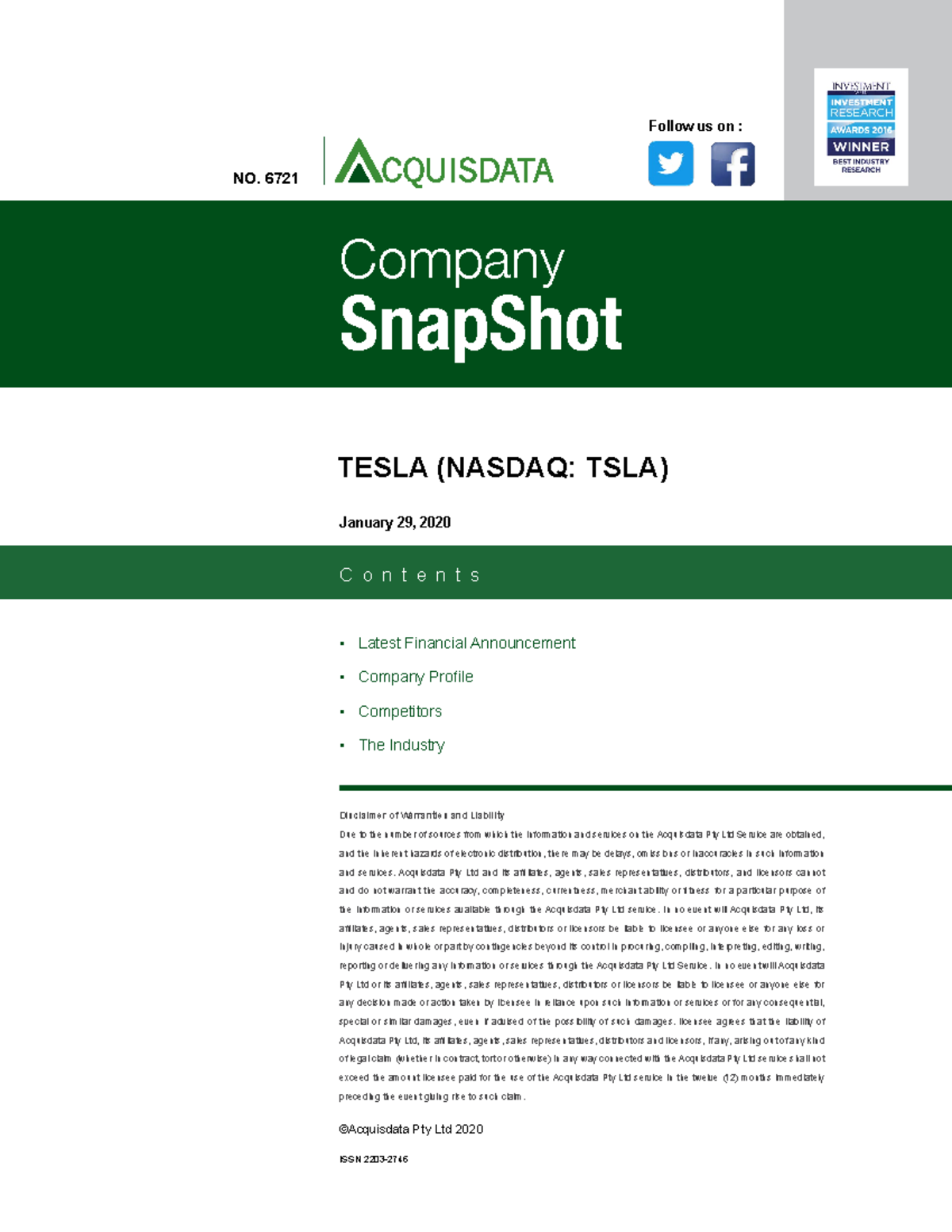 Tesla CORP - info - Company SnapShot • Latest Financial Announcement ...