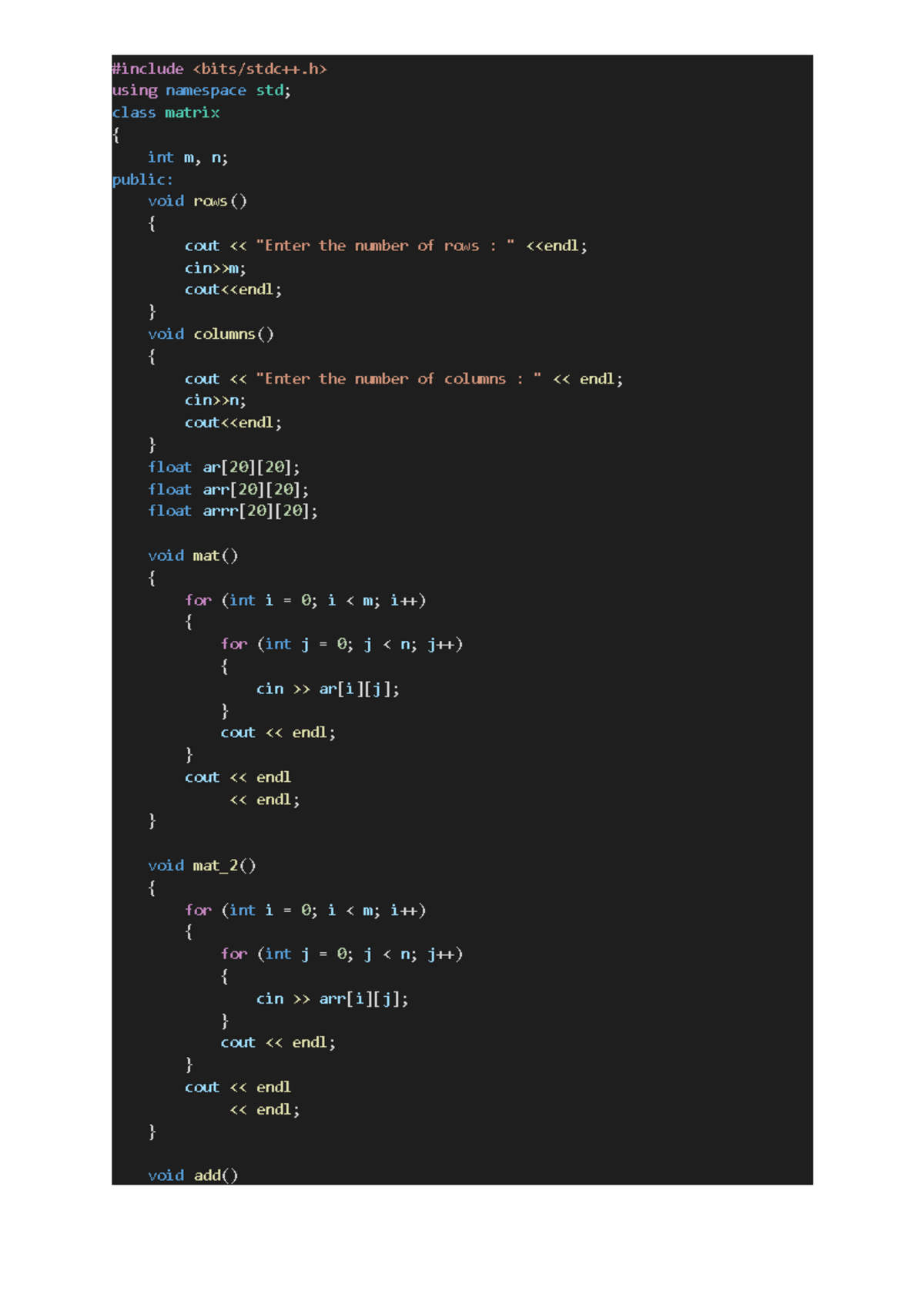 Ass6 - #include using namespace std; class matrix { int m, n; public ...