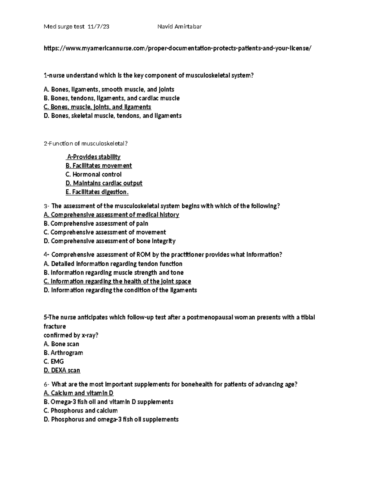 Test musculoskeletal - GREAT INFO - Med surge test 11/7/23 Navid ...