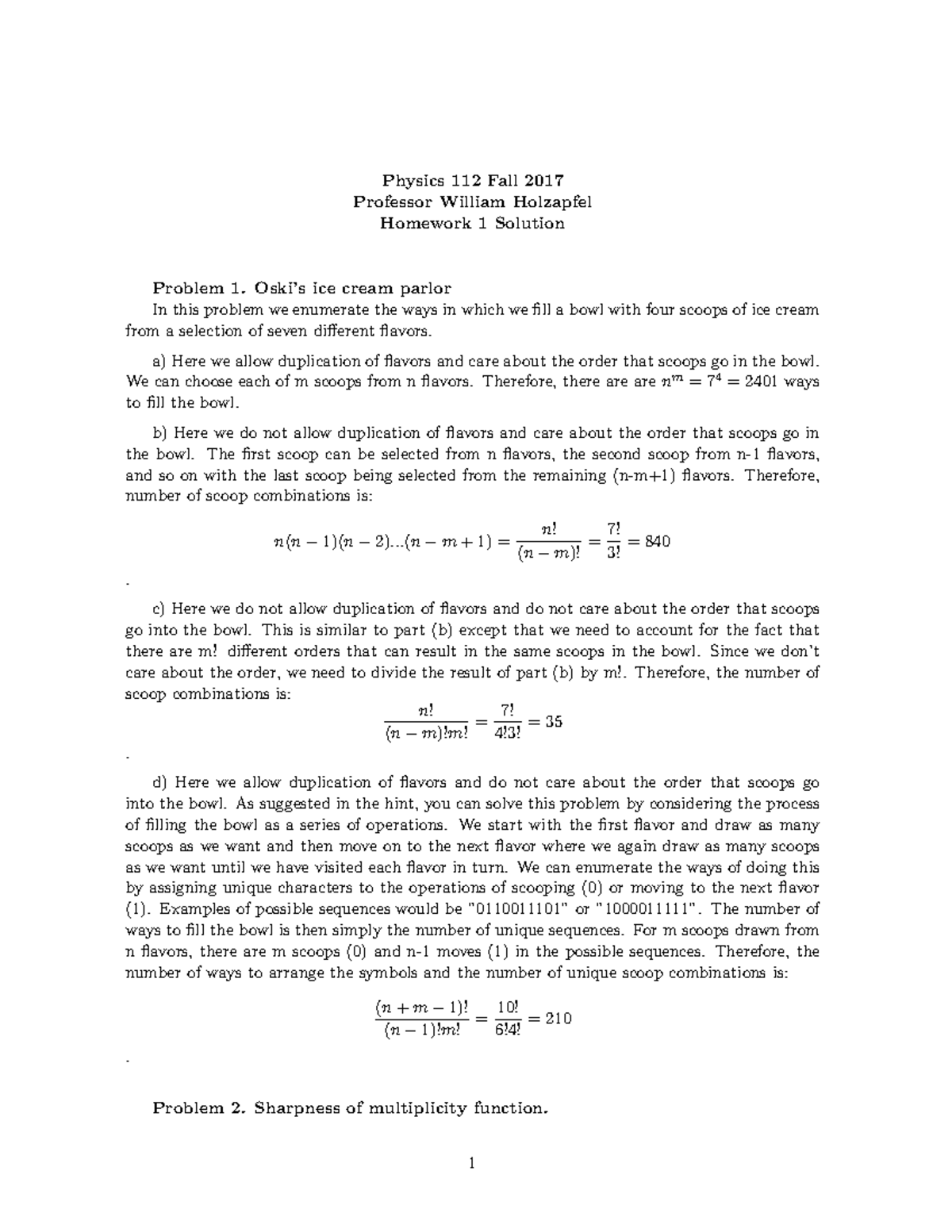 PS1Sol f17 - Physics 112 Fall 2017 Professor William Holzapfel Homework ...