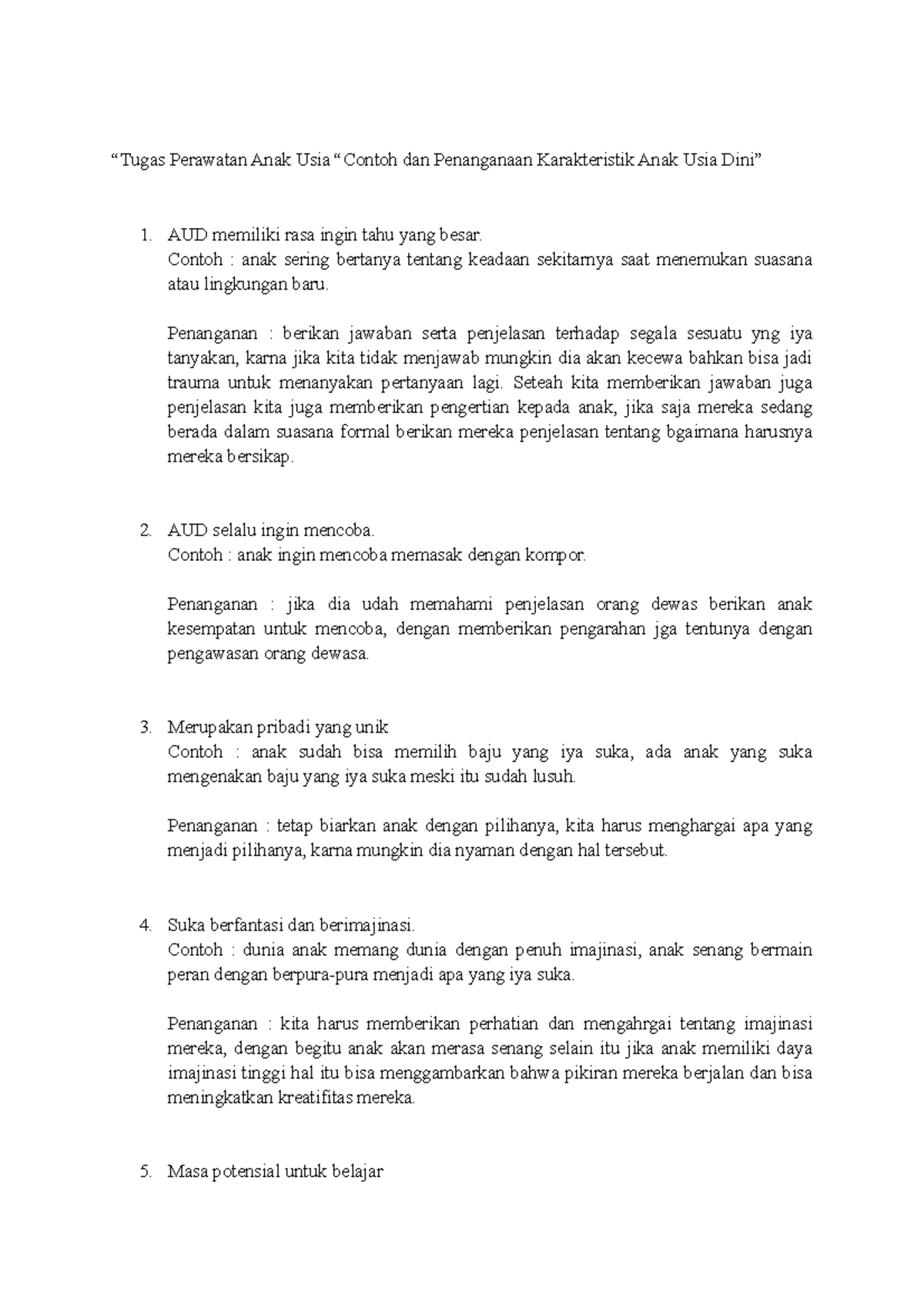 Penanganan anak usia dini - “Tugas Perawatan Anak Usia “Contoh dan Penanganaan Karakteristik ...