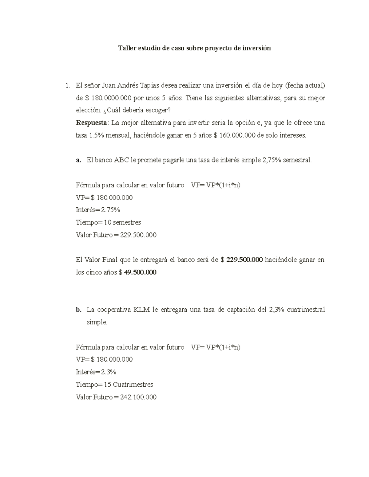 inversion matematica - Taller estudio de caso sobre proyecto de ...