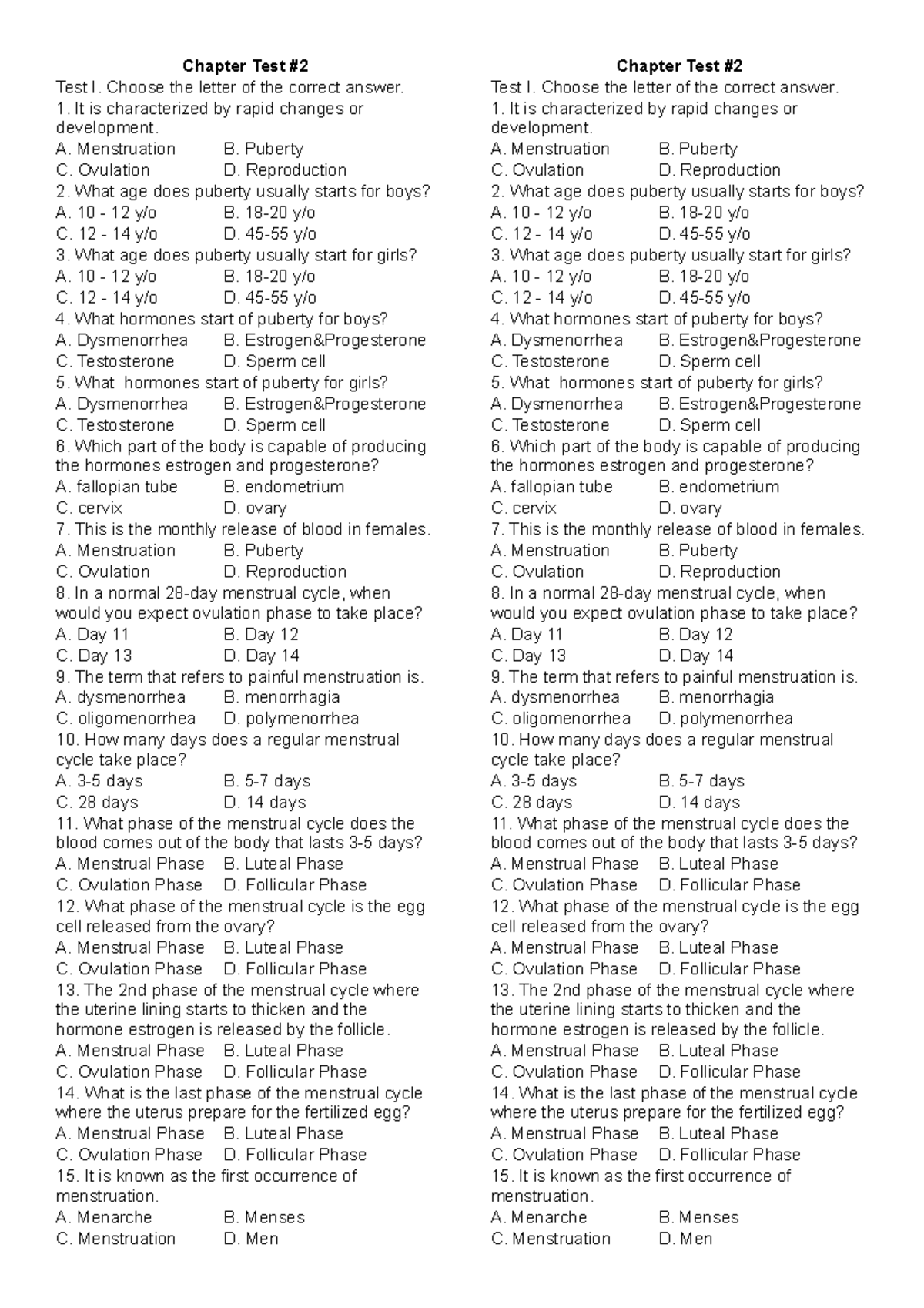 Chapter Test 2 - Menstrual Cycle - Chapter Test # Test I. Choose the ...