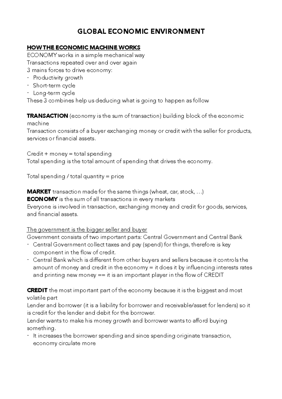 Global Econ notes - GLOBAL ECONOMIC ENVIRONMENT HOW THE ECONOMIC ...