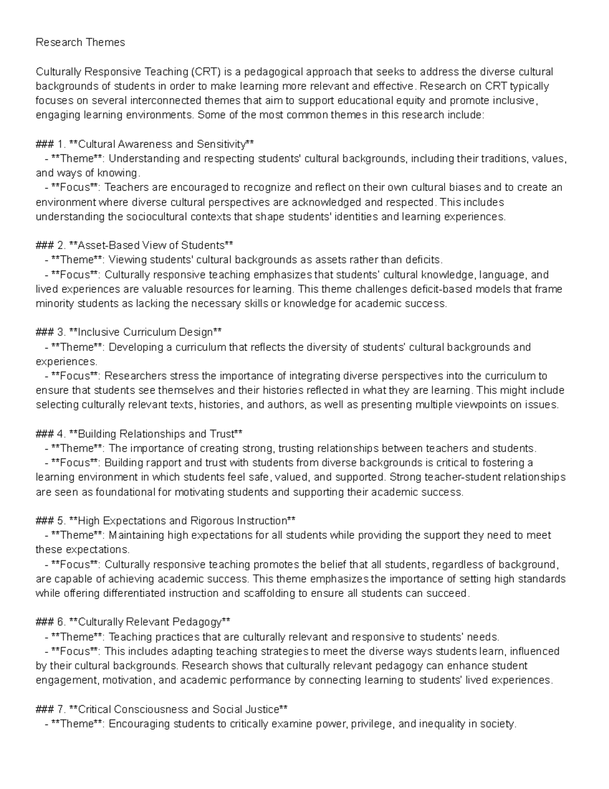 CRT Research Themes - Research Themes Culturally Responsive Teaching ...