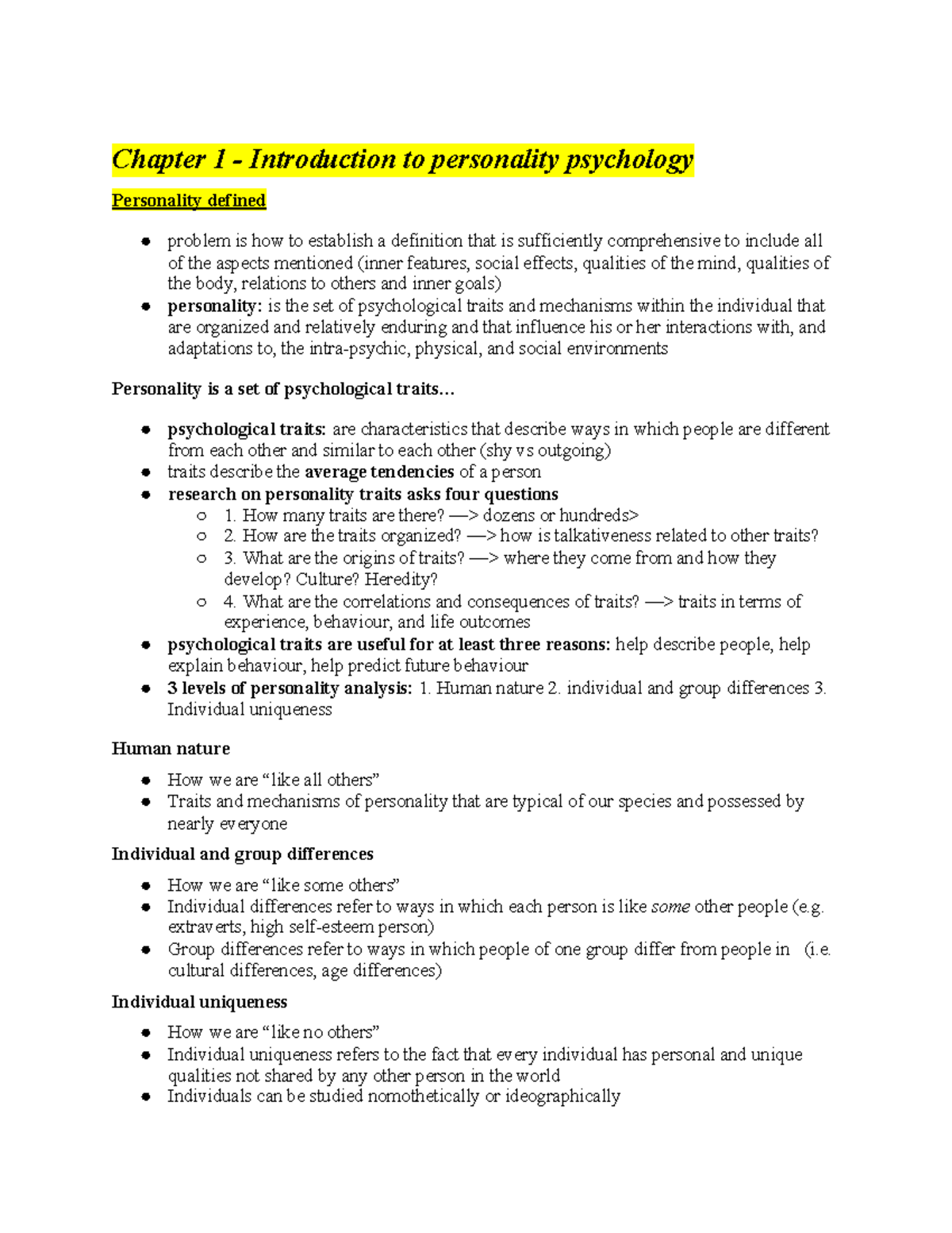 Chapter 1 - Introduction to personality psychology - Chapter 1 ...