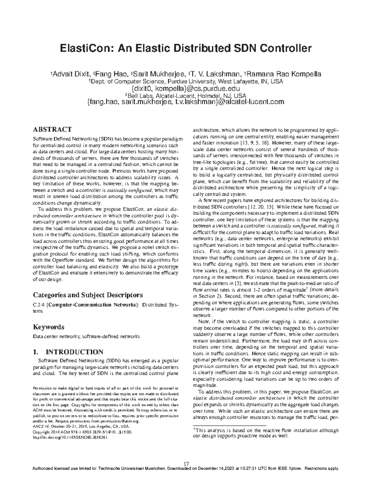 Elasti Con an elastic distributed SDN controller - ElastiCon: An ...