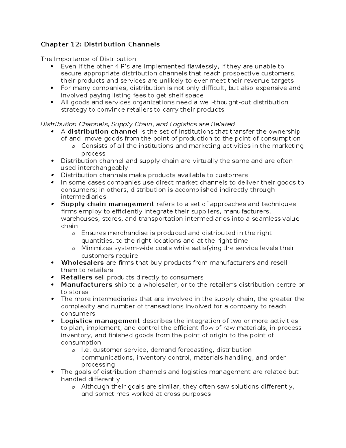 2320 chapter 12 - Lecture notes 12 - Chapter 12: Distribution Channels ...