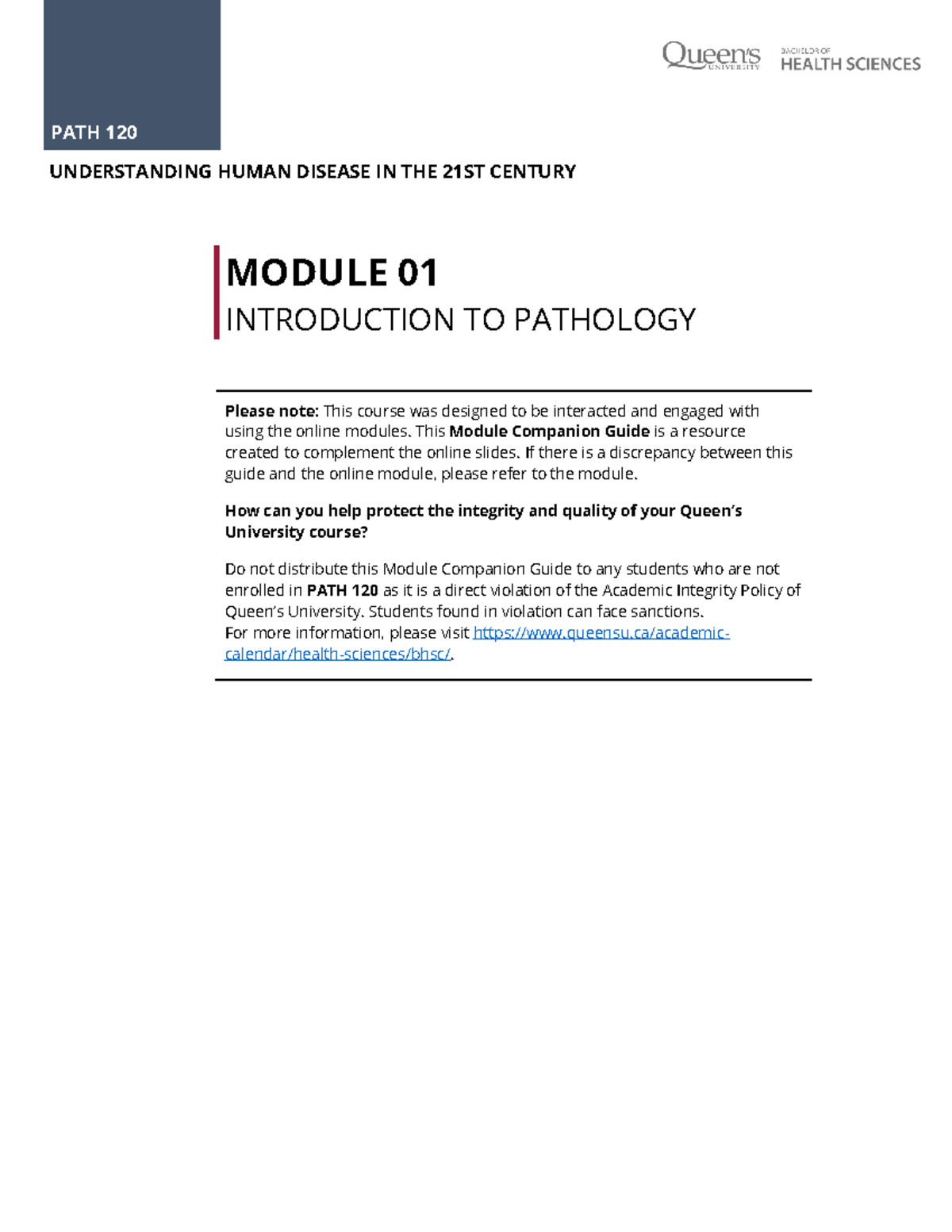 PATH 120 M1 - Class notes. - MODULE 01 INTRODUCTION TO PATHOLOGY Please ...