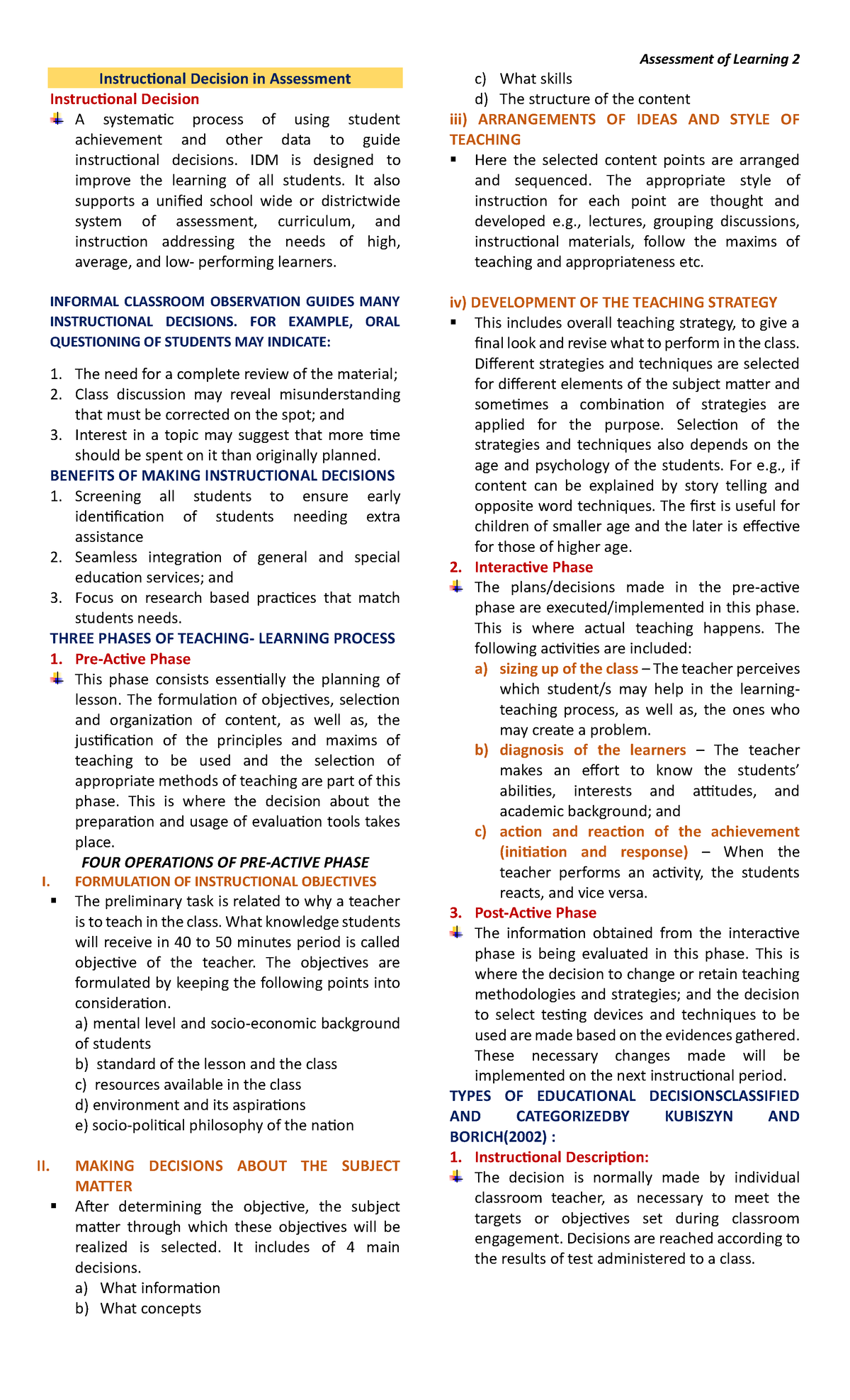 Assessment of Learning 2 Outline - Instructional Decision in Assessment ...
