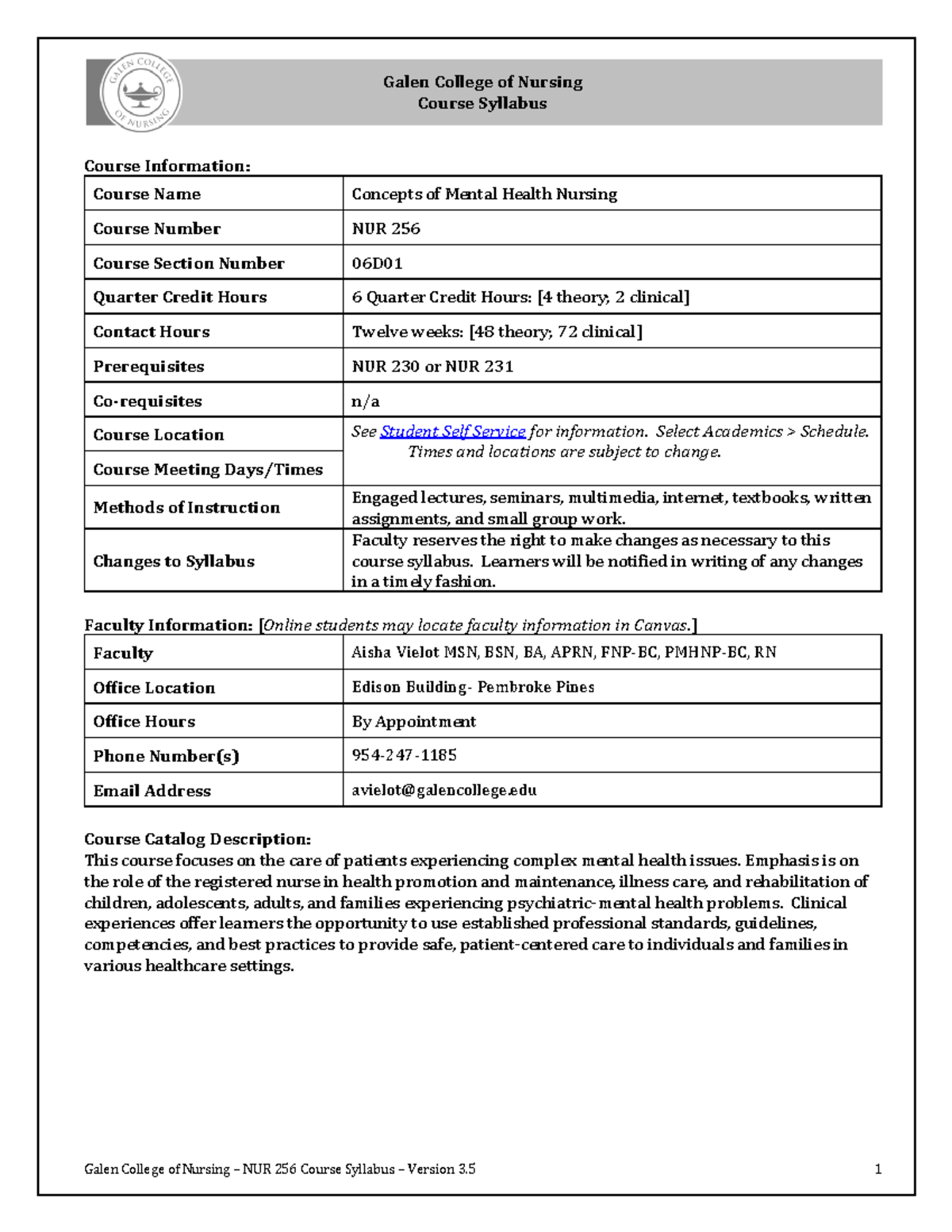 NUR 256 Syllabus Version 3-5 Vielot A 06D01 Spring 2024 - Galen College ...