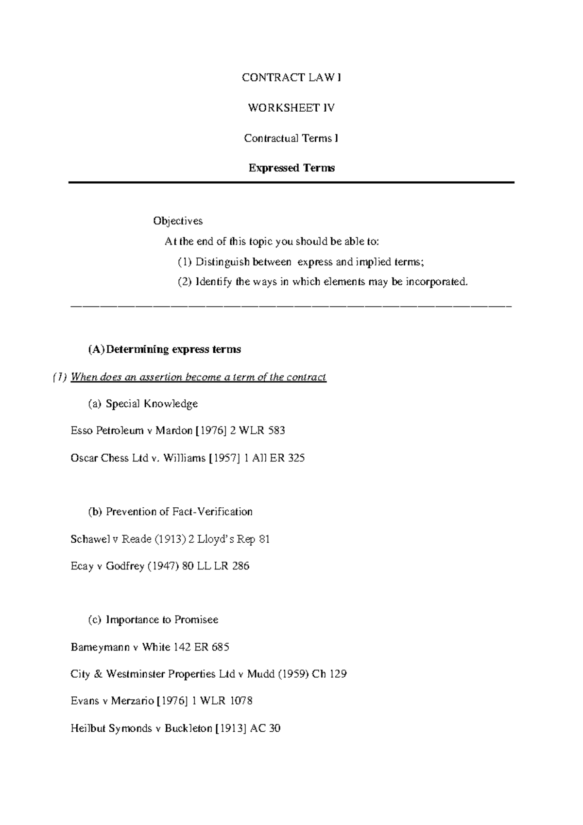 Worksheet 4 - express terms - CONTRACT LAW I WORKSHEET IV Contractual ...