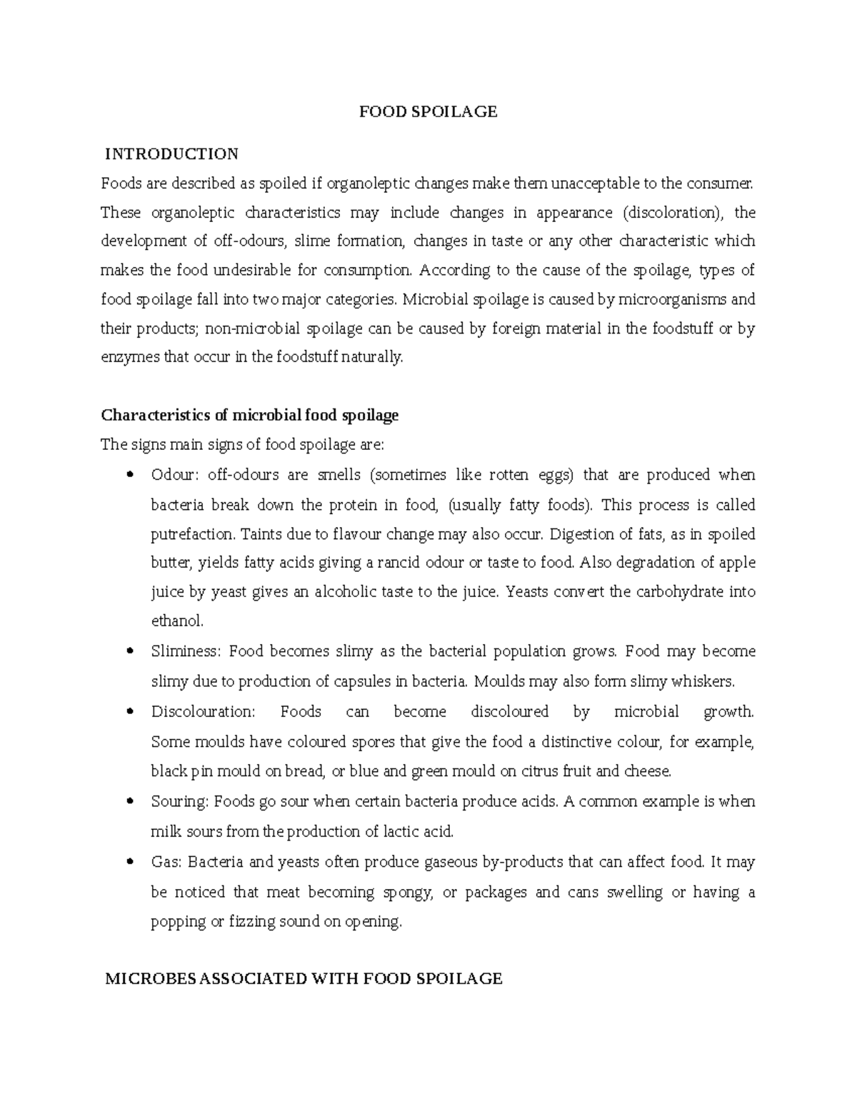 Doc - coursework - FOOD SPOILAGE INTRODUCTION Foods are described as ...