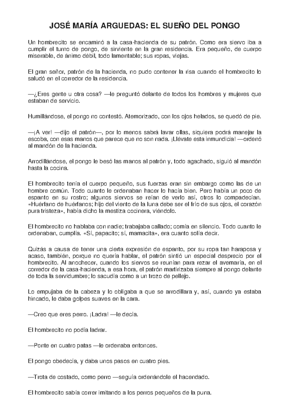 JOSÉ María Arguedas - EL Sueño DEL Pongo - JOSÉ MARÍA ARGUEDAS: EL ...