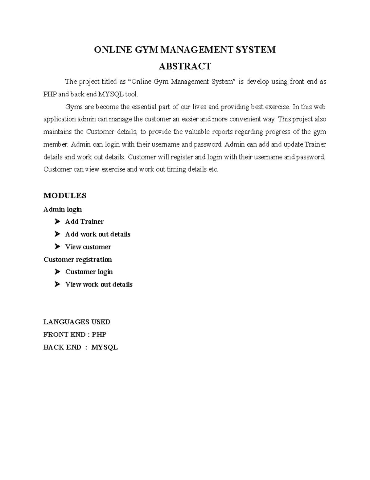 Abstract - GYM MANAGEMENT SYSTEM - ONLINE GYM MANAGEMENT SYSTEM ...