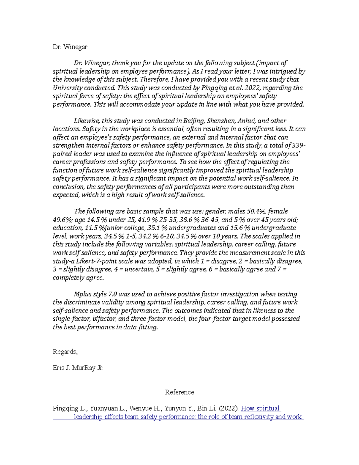 Dicussion Wk 7-1 - Discussion - Dr. Winegar Dr. Winegar, thank you for ...