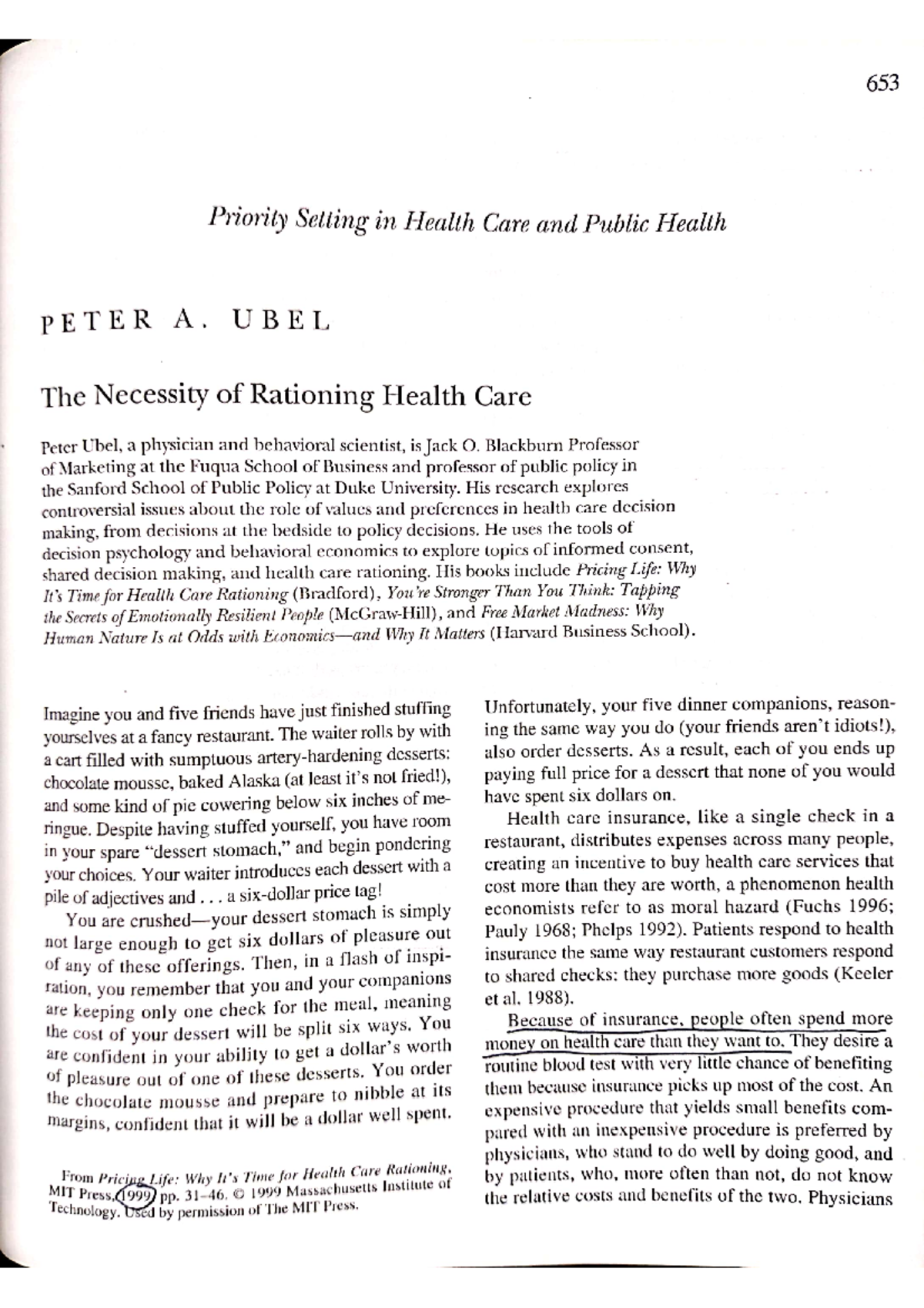 Ubel Necessity of Rationing Health Care - dsci 231 - Studocu
