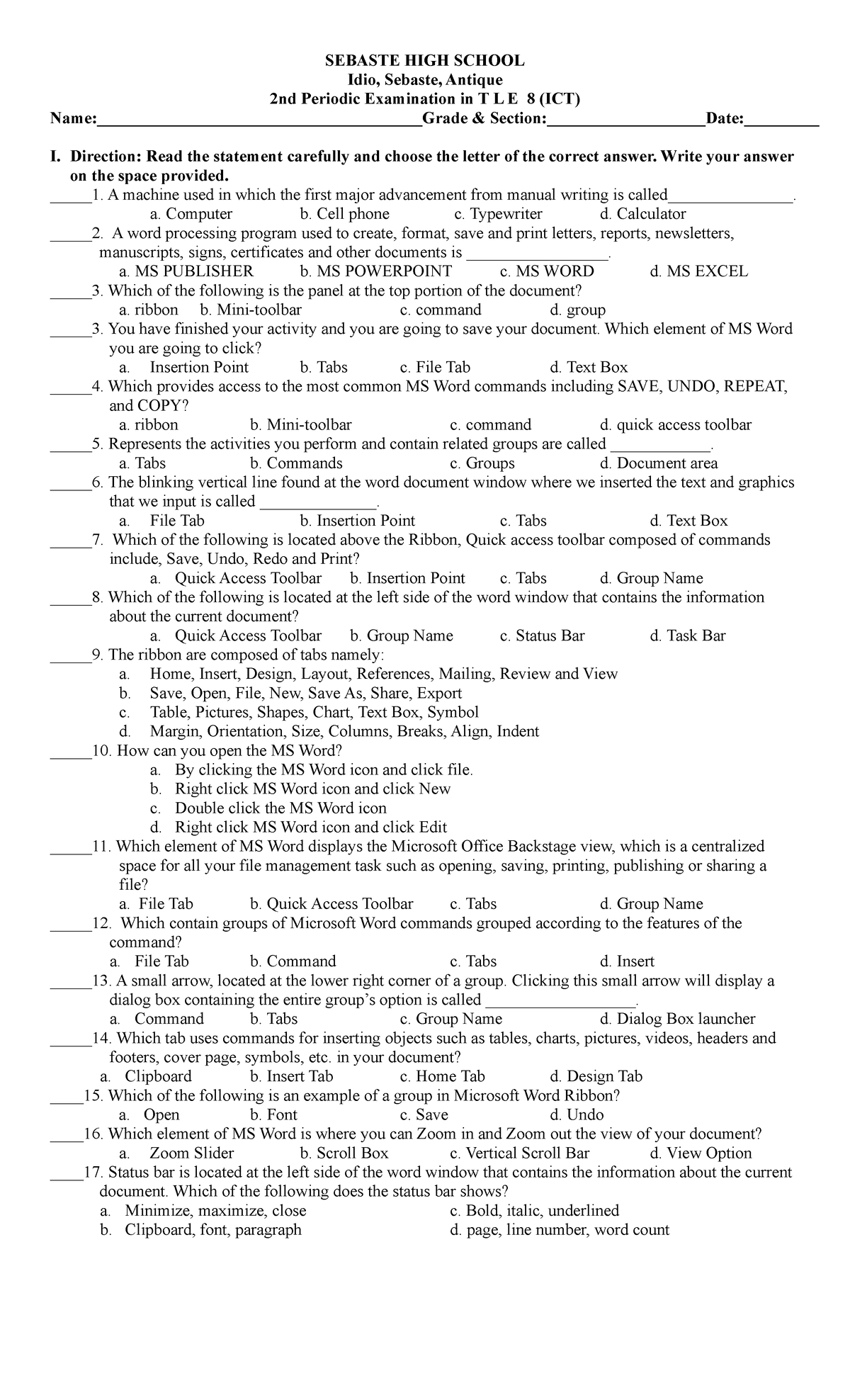TLE 8 ICT 1st Quarter Examination - SEBASTE HIGH SCHOOL Idio, Sebaste ...