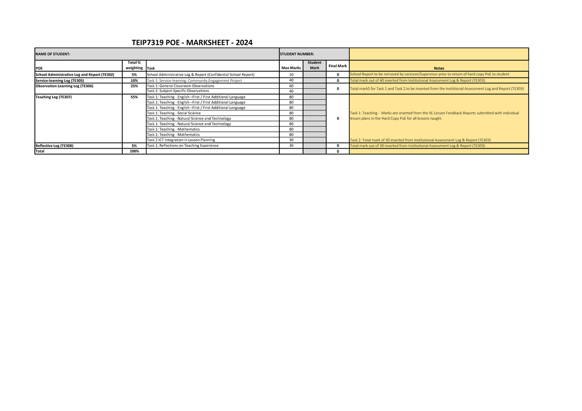 TEIP7319 TE309 Marksheet - POE Total % weighting Task Max Marks Student ...